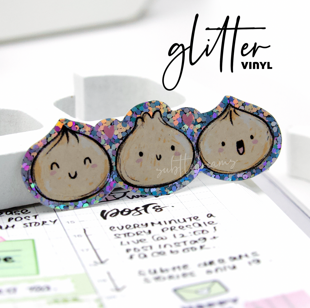 Dumpling friends hand painted glitter weatherproof Vinyl die cut stick ...